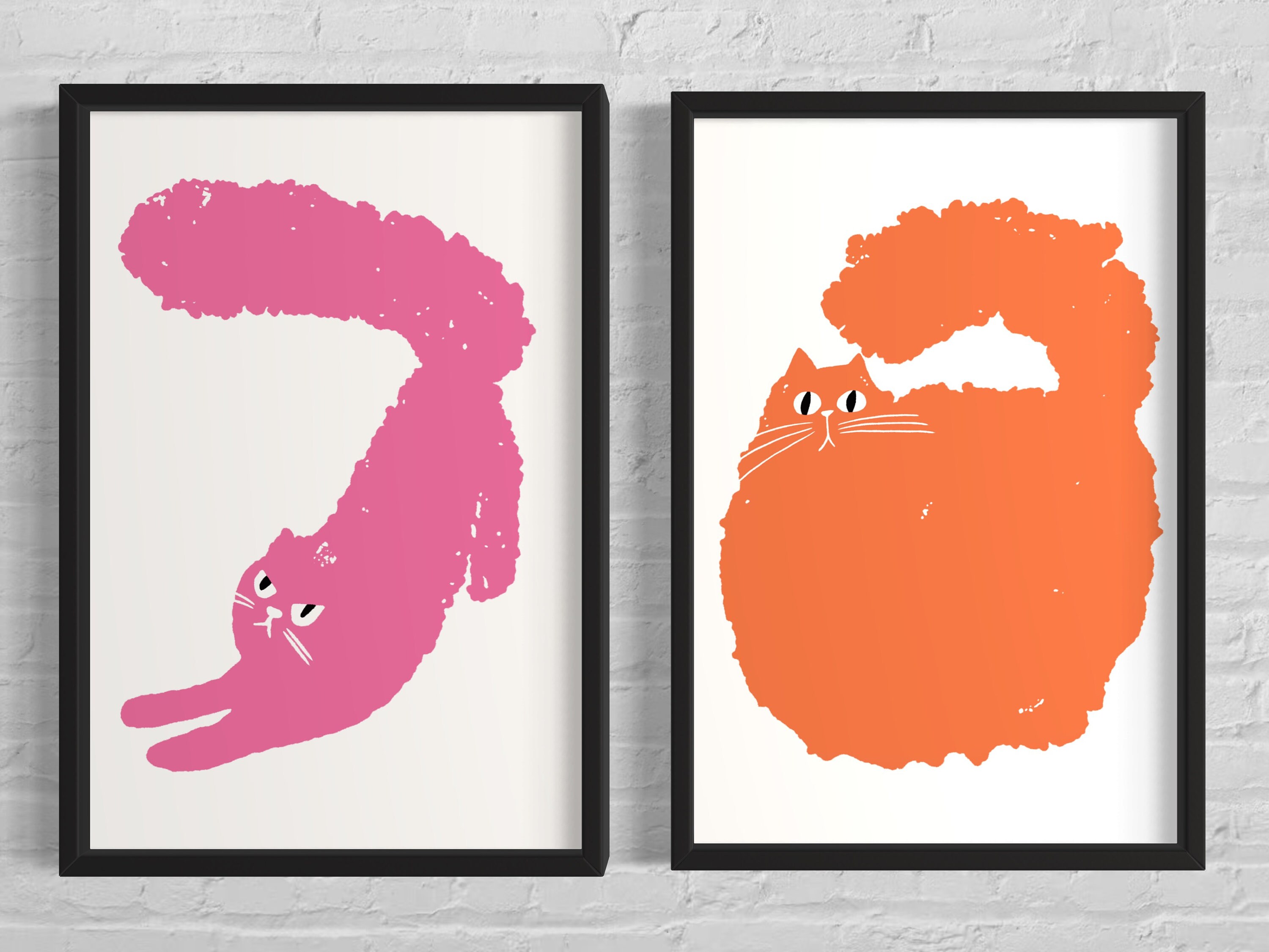 Set of 2 Playful Cat Wall Art Poster Prints, Pink Orange Colorful Wall ...