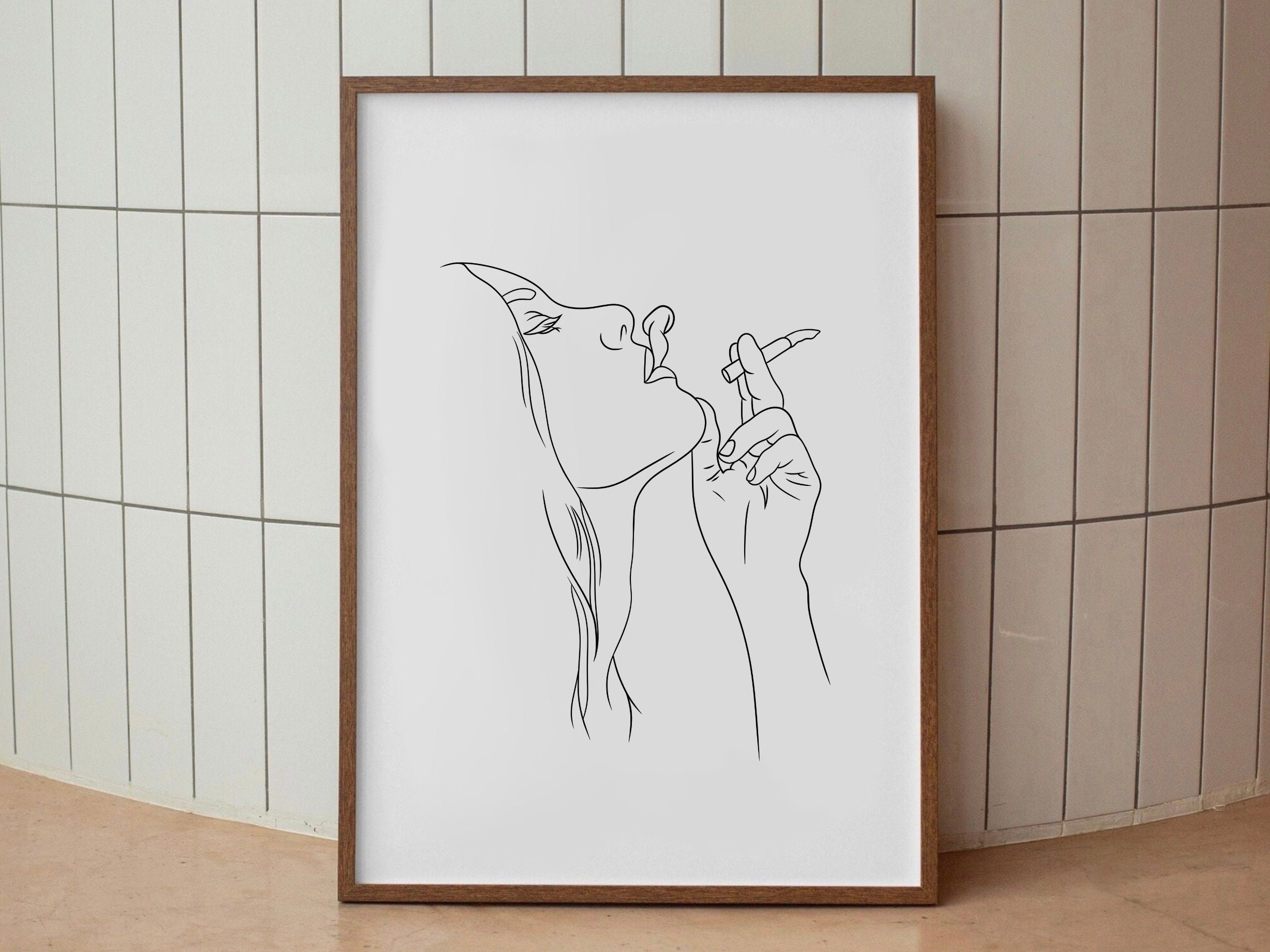 Woman Smoking Cigarette Line Art Wall Print Poster, Minimalistic ...