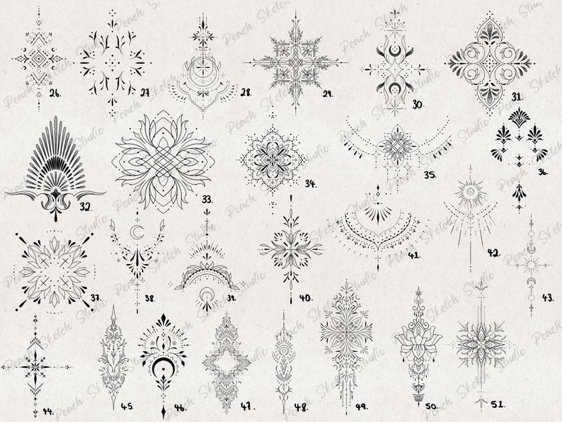 100 Procreate Ornamental Tattoo Stamps, Large Ornate Designs, Fine Line ...