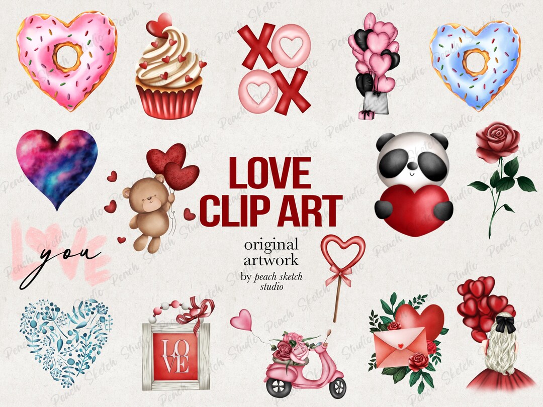 Love Clip Art Set Designs PNG, JPEG Files, Love Heart Hand-drawn ...