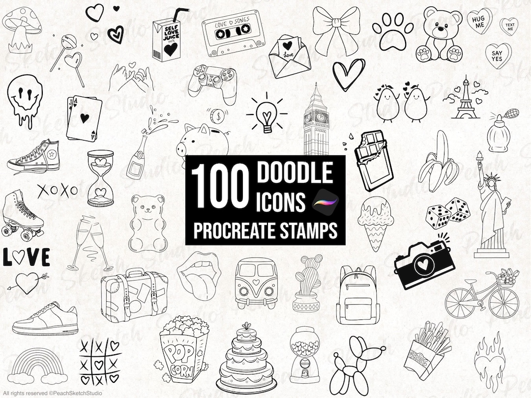 100 Procreate Doodle Stamps, Random Flash Tattoo Stencil Designs ...