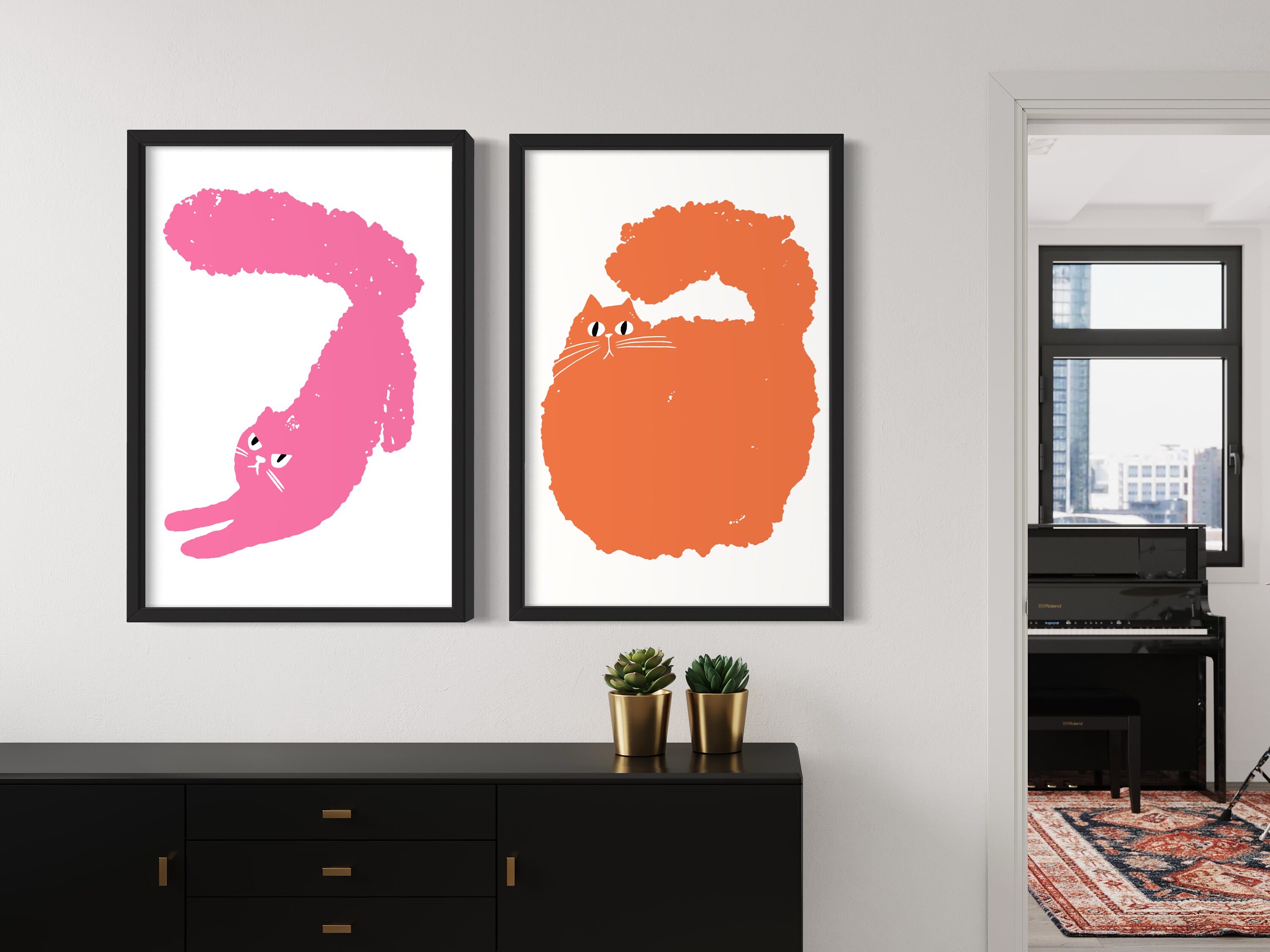 Set of 2 Playful Cat Wall Art Poster Prints, Pink Orange Colorful Wall ...