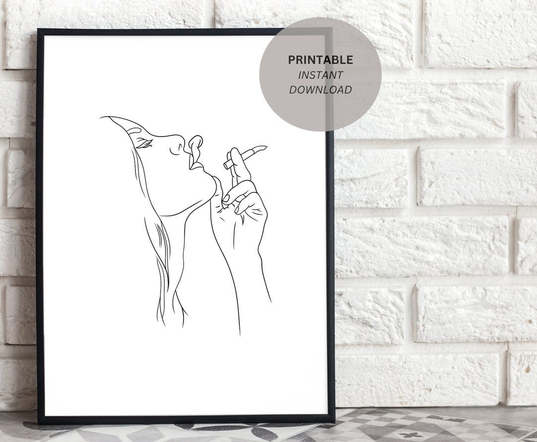 Woman Smoking Cigarette Line Art Wall Print Poster, Minimalistic ...