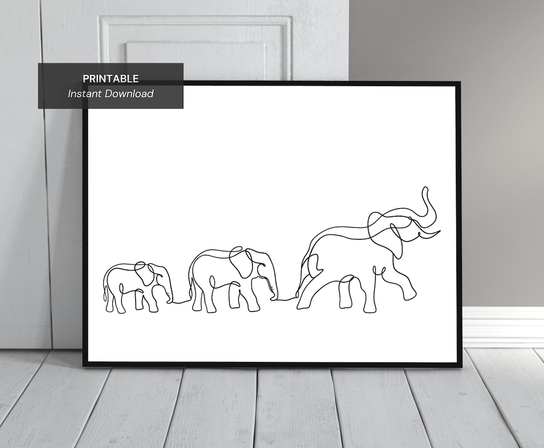 Three Elephants Line Art Poster Print, Wall Art, Minimalistic, Wall ...