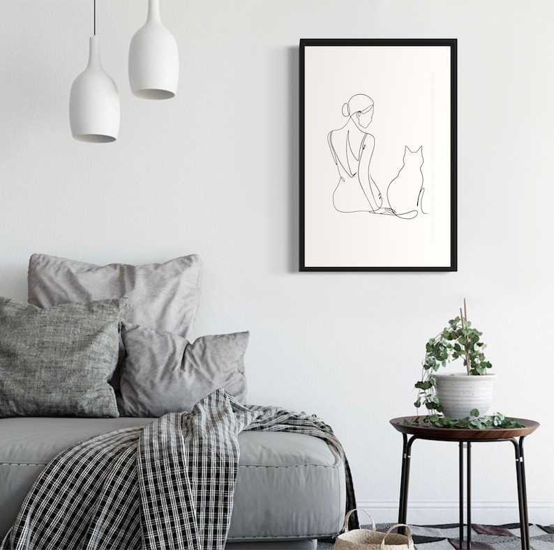 Woman and Cat Line Art Print: Minimalist Feline Poster (digital ...