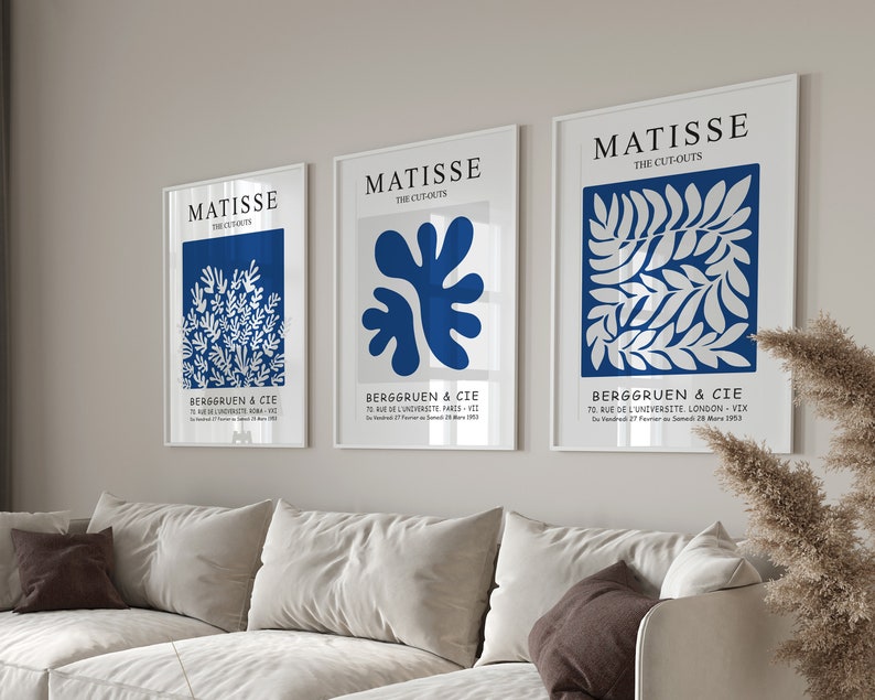 Navy Blue Matisse Print 3 Piece Art, Blue Henri Matisse Poster, Modern Abstract Art Set, Dark ...