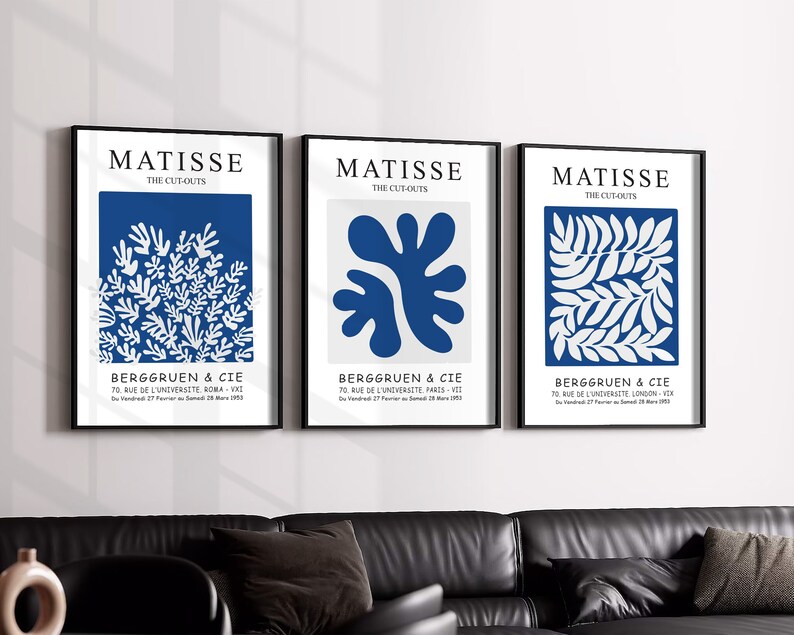Navy Blue Matisse Print 3 Piece Art, Blue Henri Matisse Poster, Modern Abstract Art Set, Dark ...