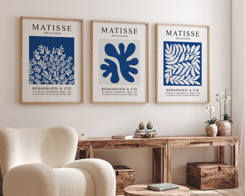 Navy Blue Matisse Print 3 Piece Art, Blue Henri Matisse Poster, Modern Abstract Art Set, Dark ...
