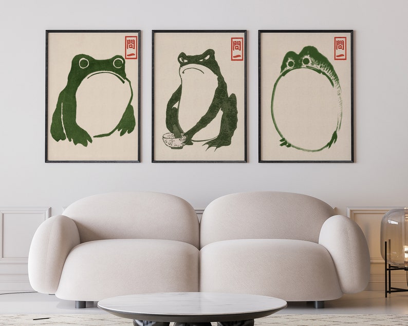 Japanese Matsumoto Shoji Frog Print Set of 3, Vintage Green Frog ...