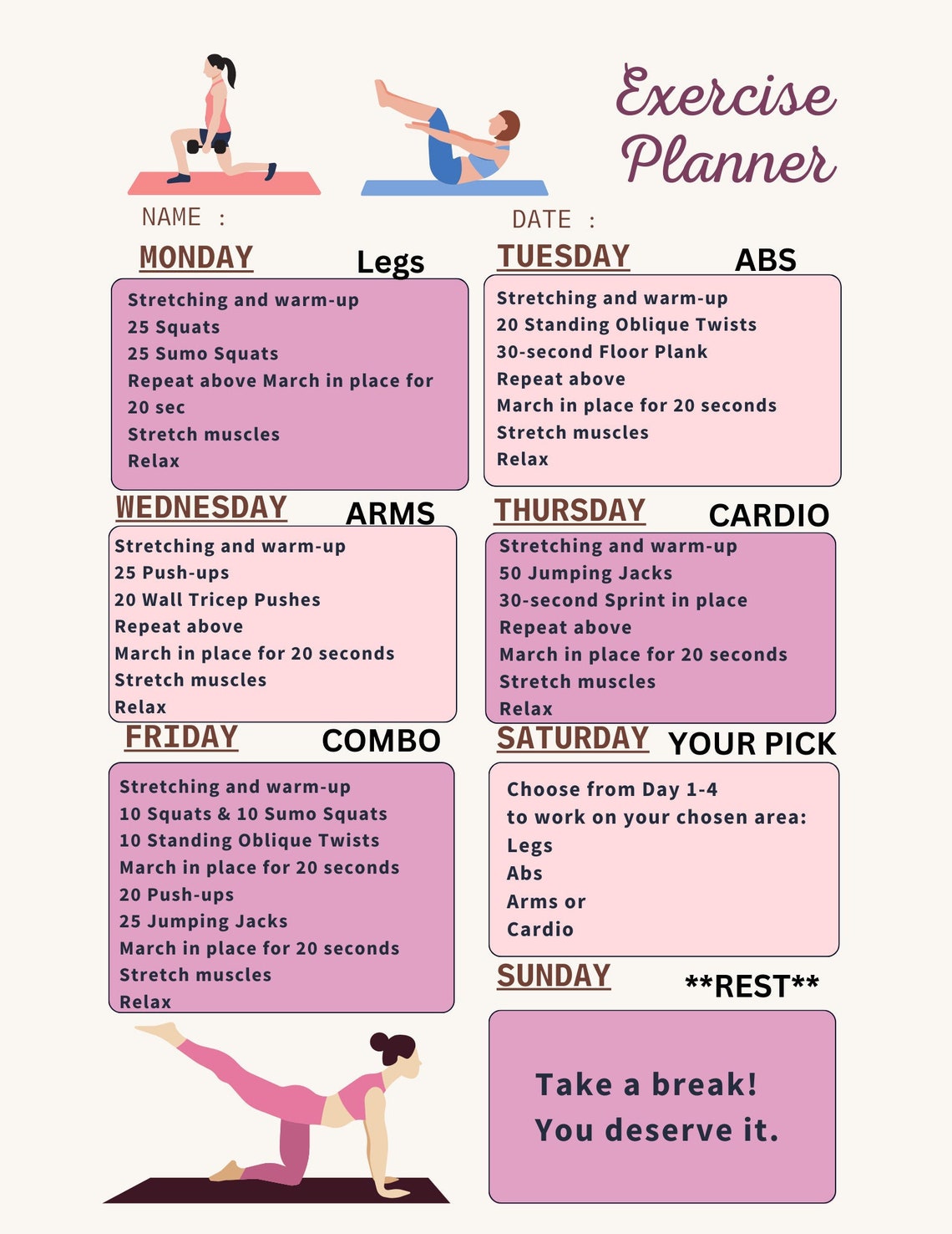 Exercise Planner - Etsy