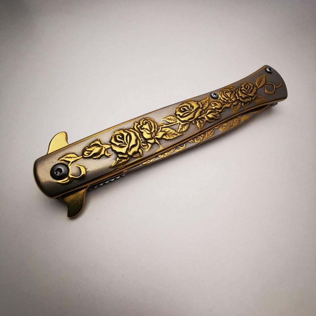 Rose Design Knife, Spring Assisted Open Folding Knife. Stiletto Blade ...