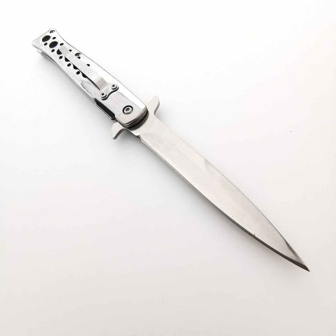 Spring Assisted Open Folding Knife. Stiletto Blade Steel. Silver Color ...