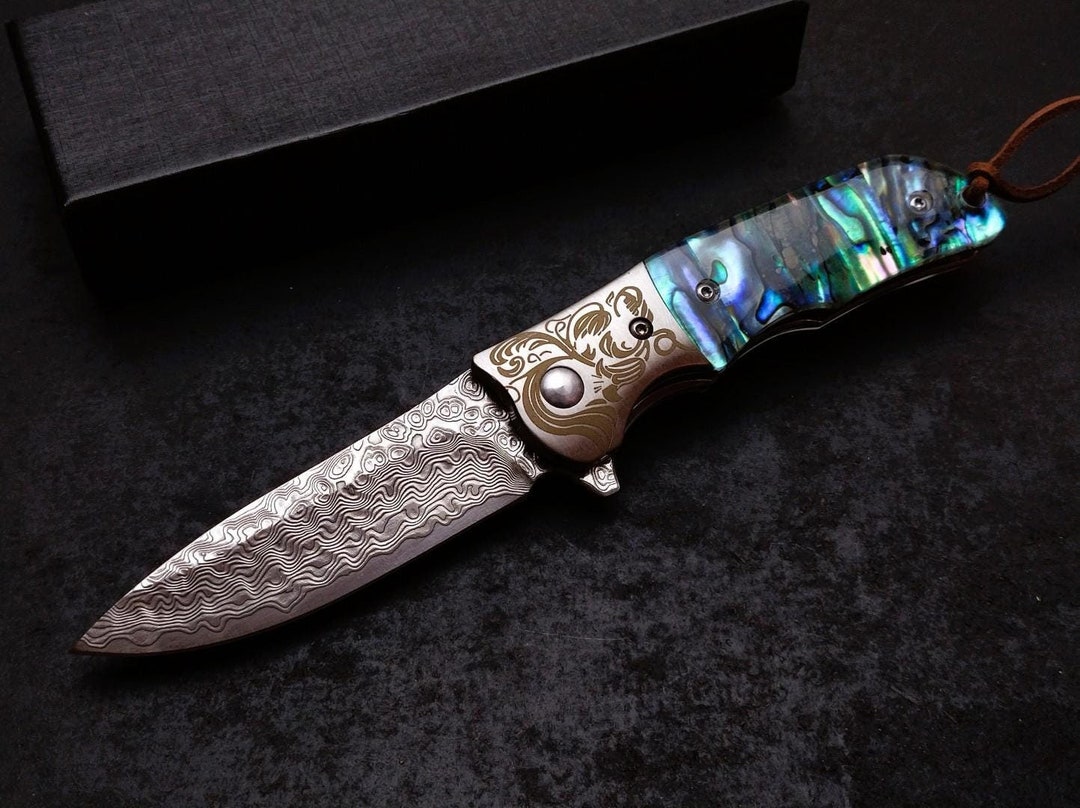 Spring Assisted Open Pocket Knife Damascus Blade Abalone Seashells ...