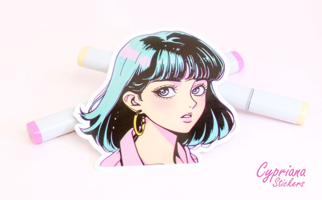 Large 80's Anime Girls Sticker, Blue Black Hair Decal, Cute Manga ...