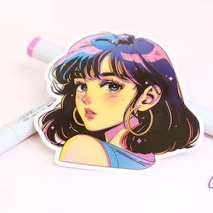 Large 80's Anime Girls Sticker, Big Hair & Hoops Decal Cute Manga ...