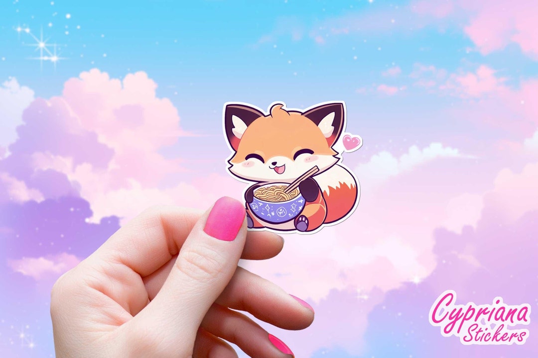 Cute Fox Eating Ramen Sticker, Iconic Chibi Style, Fox Baby Eating ...