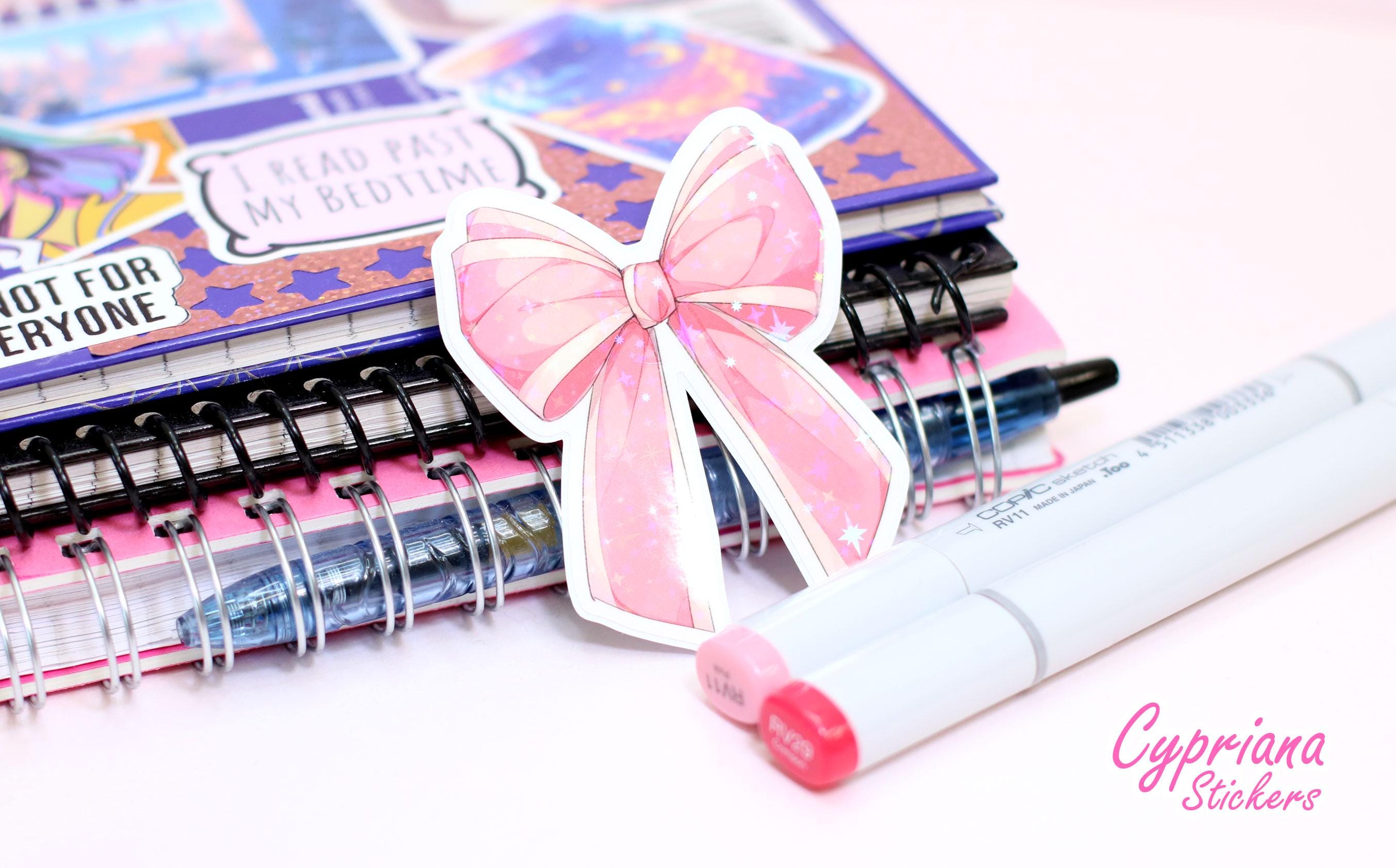 Pink Bow With White Stripe Sticker, Coquette Cutecore Decal Holographic ...