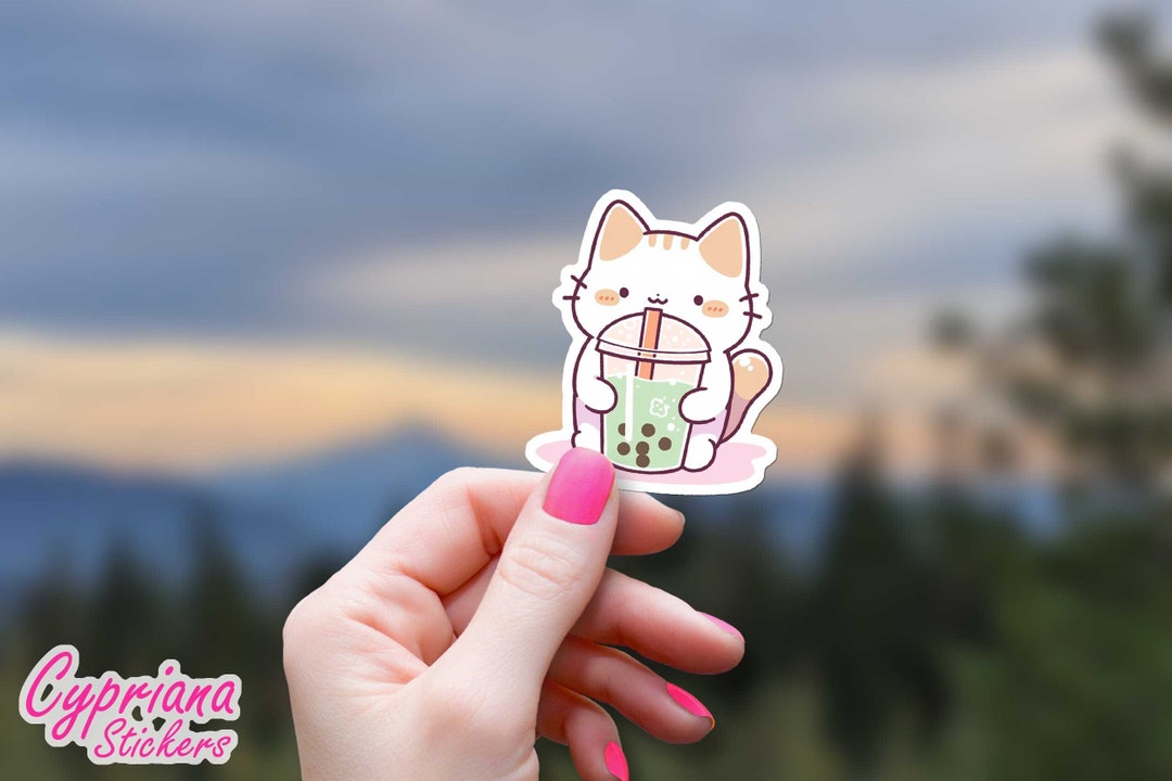 Matcha Boba Tea Cat Sticker Green Tea Kitty Bubble Tea Cute Anime ...