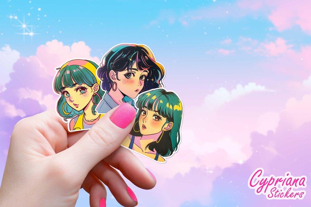 Anime Girl Sticker Set Retro Green Hair Decal Bundle Cute Manga Ladies ...