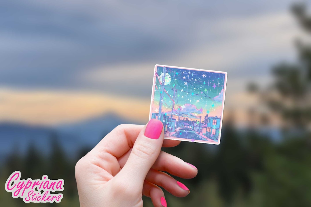 Lo-fi Landscape Anime Sticker Vaporwave Aesthetic Holographic Stars ...