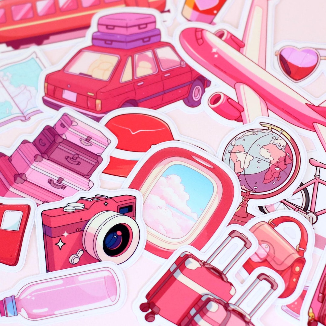 Pink Travel Themed Sticker Set, Airplane, Suitcases, Road Trip Vacation ...