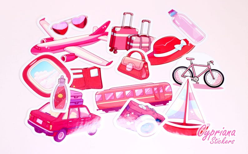 Pink Travel Themed Sticker Set, Airplane, Suitcases, Road Trip Vacation ...