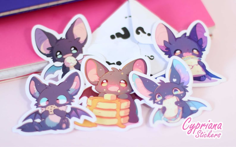 Cute Bats Eating Sticker Set Kawaii Aesthetic Decal 6 Pack Adorable ...