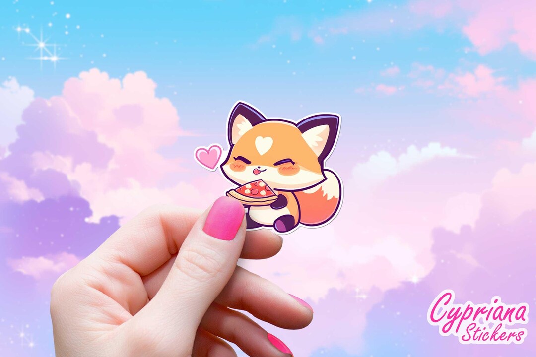 Cute Fox Eating Pizza Sticker Iconic Chibi Style Fox Baby Sweet Kawaii ...
