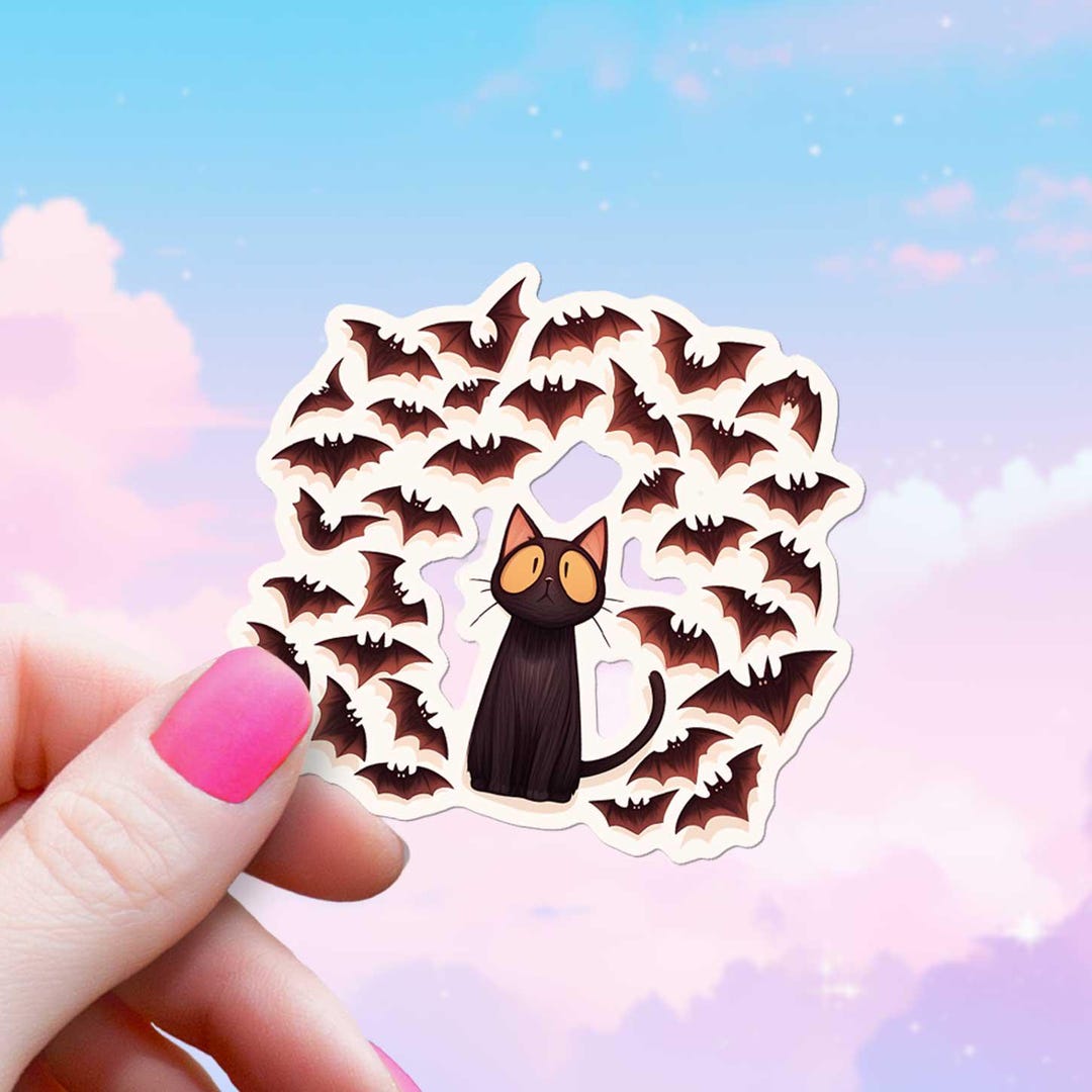 Cat in A Swarm of Bats Sticker Cute Halloween Spooky Decal Kitty Lovers ...