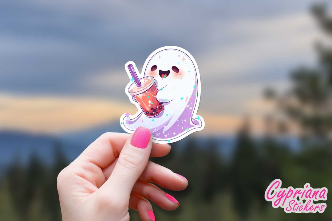 Cute Ghost Drinking Boba Sticker, Holographic Sparkles Bubble Tea ...