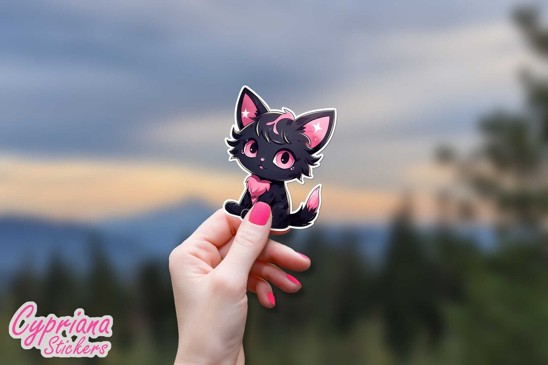 Pink Punky Black Cat Sticker, 4" Cute Kitty With Stars, Anime Feline ...