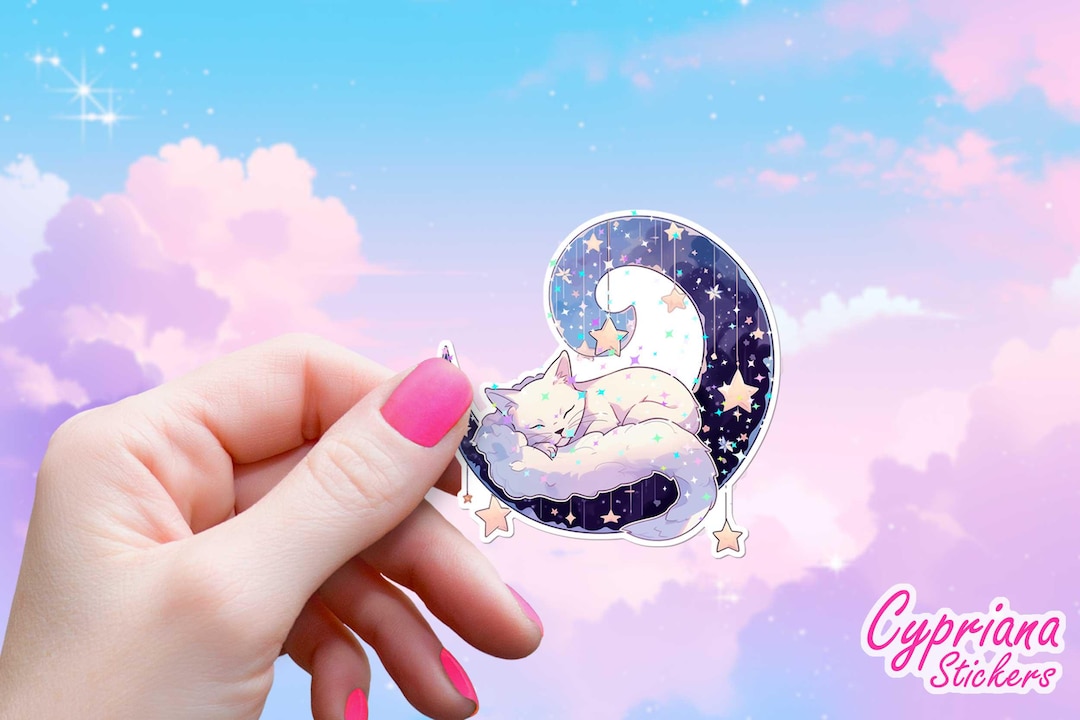 Celestial Cat Nap Sparkly Sticker, Pastel Moon, Cute White Kitty W ...