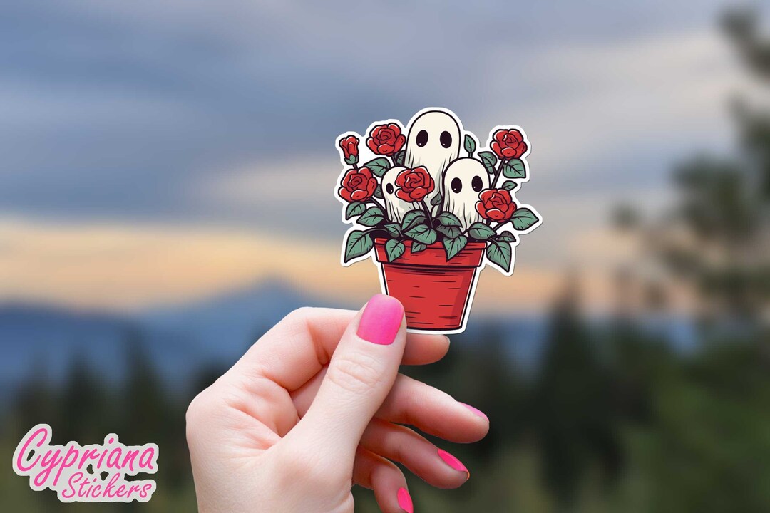 Ghosts in Potted Plant Roses Sticker Cute Halloween House Plant Spirits ...