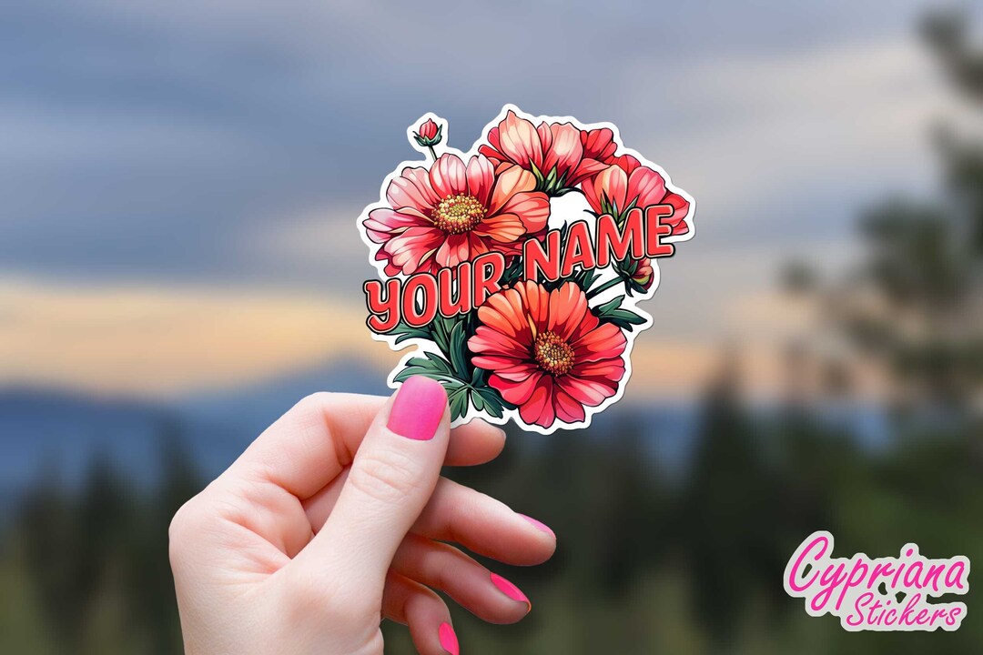Personalized Name Pink Flowers Sticker Daisies Chrysanthemum Waterproof ...