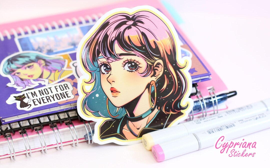 Large 80's Anime Girls Sticker, Rainbow Hair Decal, Cute Manga Ladies ...