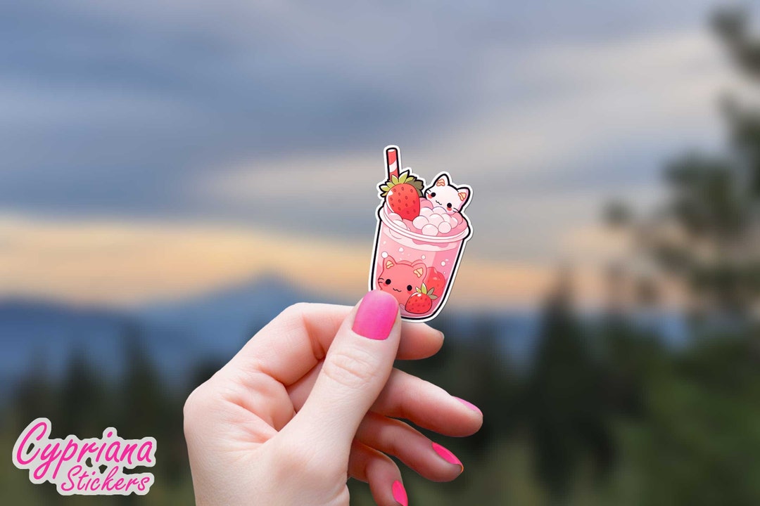 Boba Strawberry Cat Sticker Kitty Bubble Tea Decal Cute Anime Drinks ...