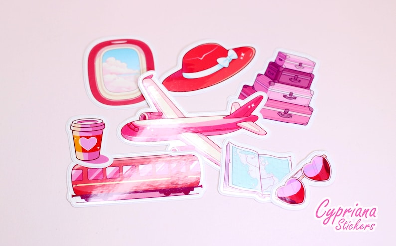 Pink Travel Themed Sticker Set, Airplane, Suitcases, Road Trip Vacation ...