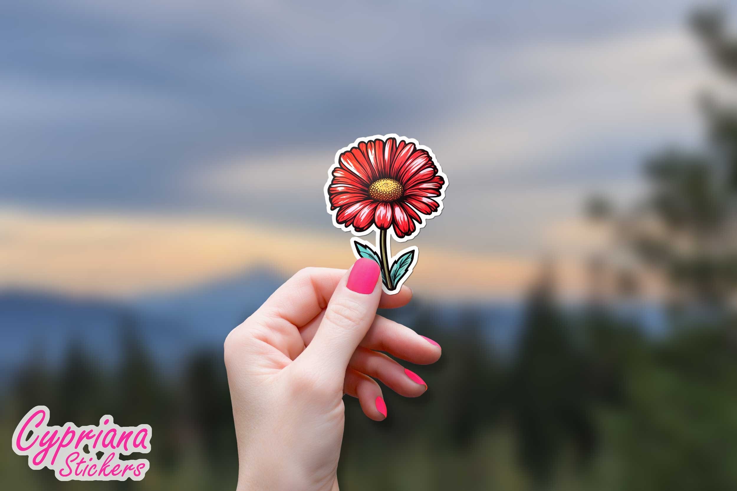 Red Daisy Sticker, Waterproof Bright Flower Vibrant Color to Decorate ...
