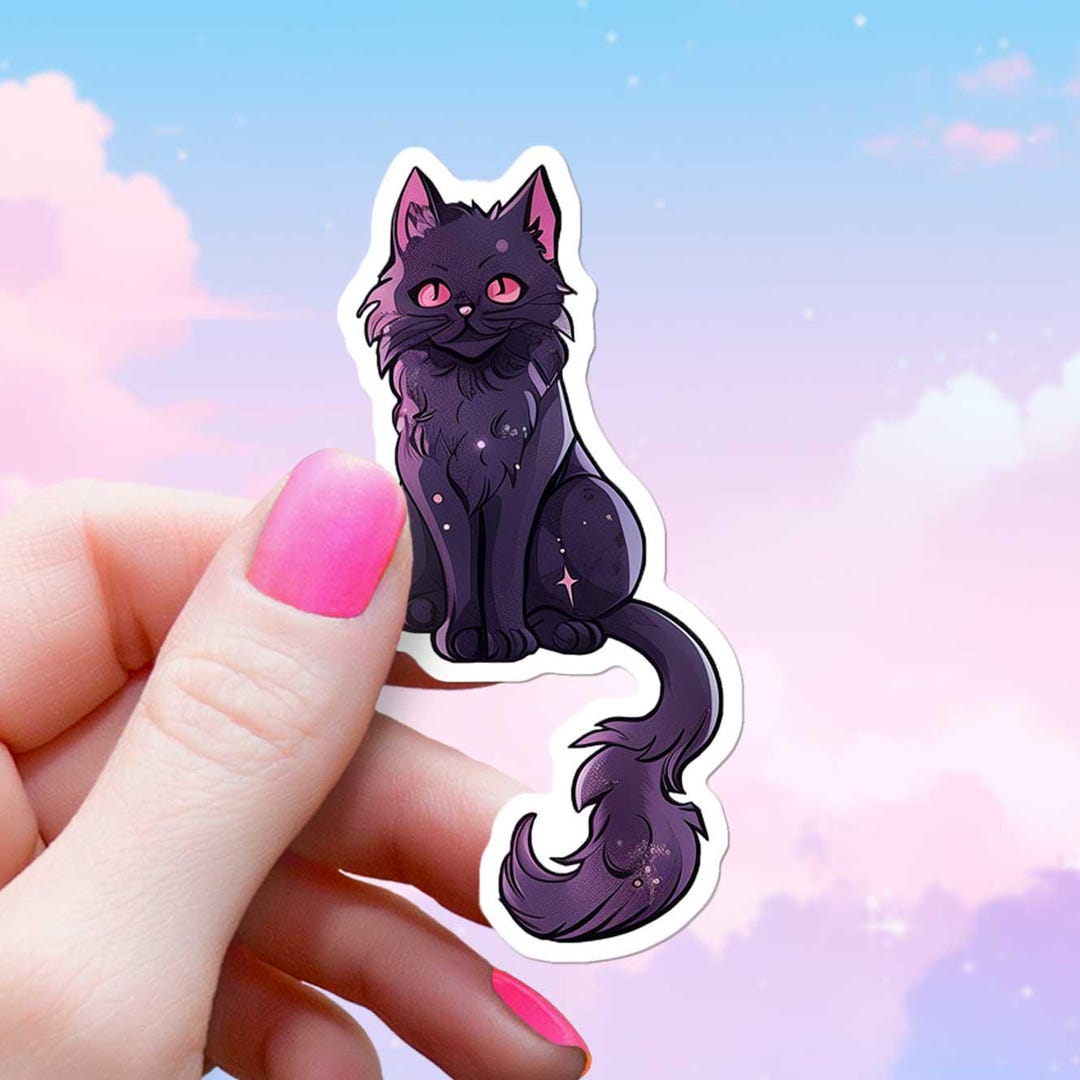 Fluffy Black Cat Sticker, Witchy Goth Kitty, Ominous Cat Stare Decal ...