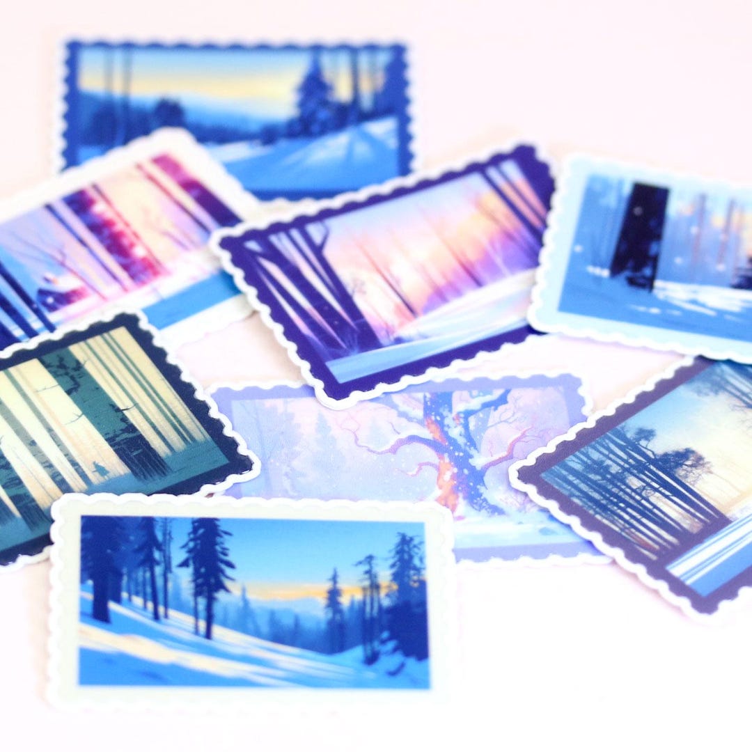 8 Winter Landscapes Stamp Stickers Set, Golden Hour Sunset Decals ...