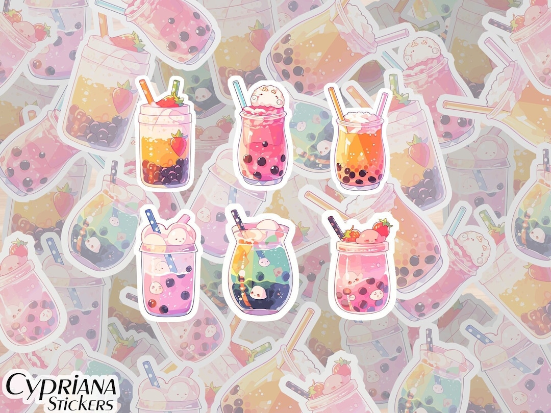 Boba Tea Stickers Set 2 Bubble Tea Pack 2.5" Cute Anime Drinks Stickers ...