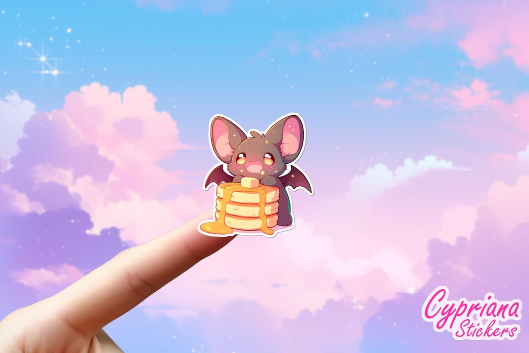 Cute Bat Eating Pancakes Sticker, Breakfast Kawaii Aesthetic Decal ...