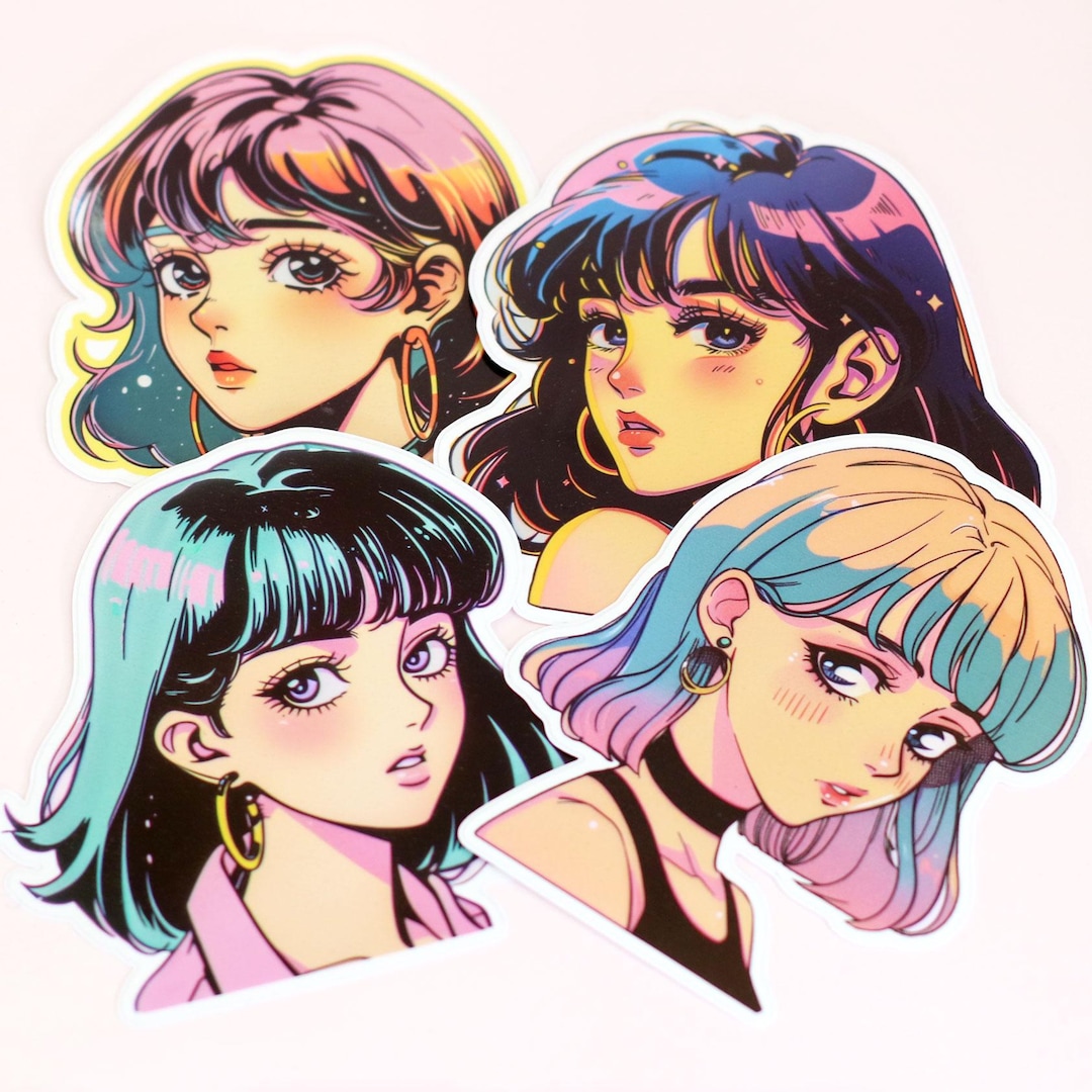Large 80's Anime Girls Sticker SET, Retro Fun Decal, Cute Manga Ladies ...