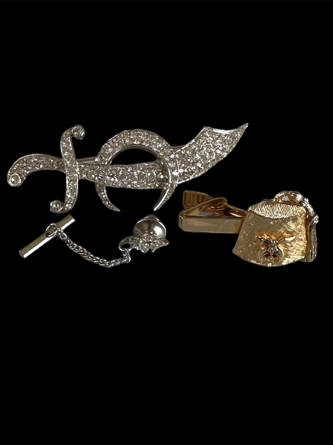 Vtg. Masonic Freemason Shriner Lg. Rhinestone Sword Pin, Fez Tie Bar ...