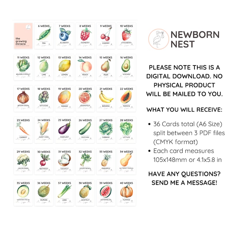 Digital Pregnancy Milestone Cards | Baby Growth Tracking Cards Fruits ...
