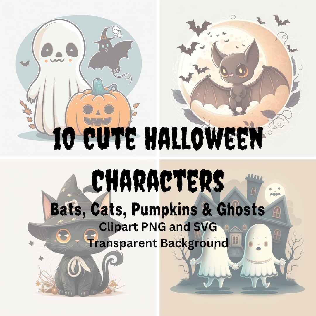 10 Cute Halloween Character Clipart Black Cat Pumpkin Ghosts Bat, PNG ...