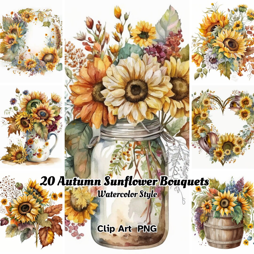 20 Watercolour Fall Sunflower Floral Bouquet Clipart, High Quality PNG ...