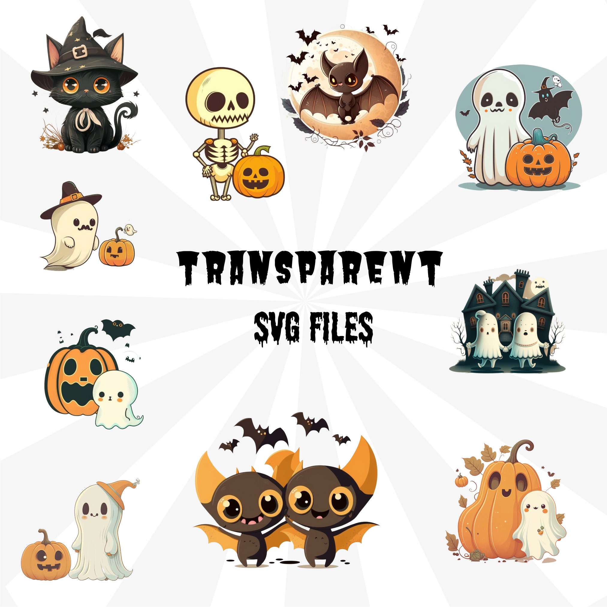 10 Cute Halloween Character Clipart Black Cat Pumpkin Ghosts Bat, PNG ...