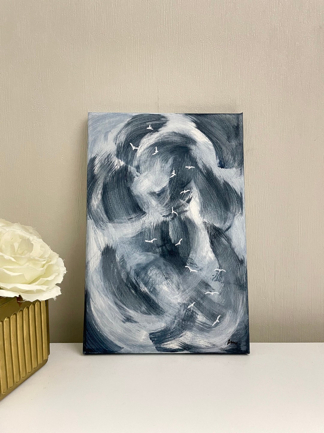 Blue Abstract Canvas Painting Doves Cry Small Blue Painting Wall Art ...