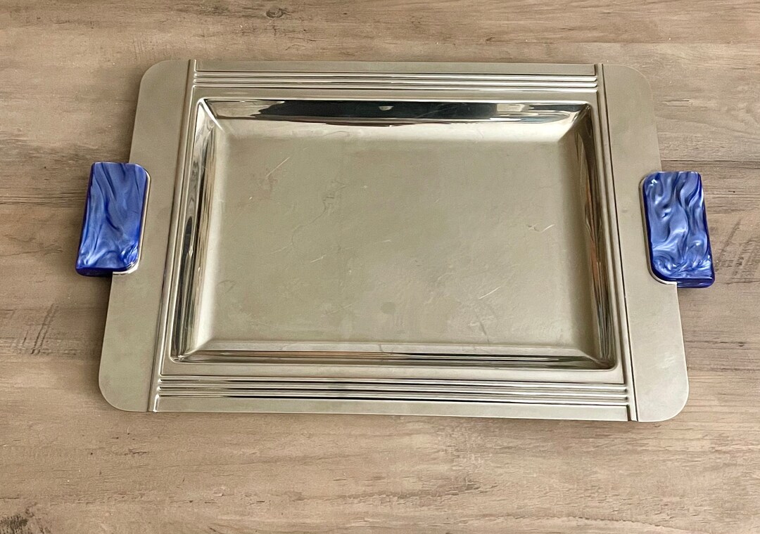 French Art Deco Jean Couzon Stainless Steel Serving Tray With Marbled ...